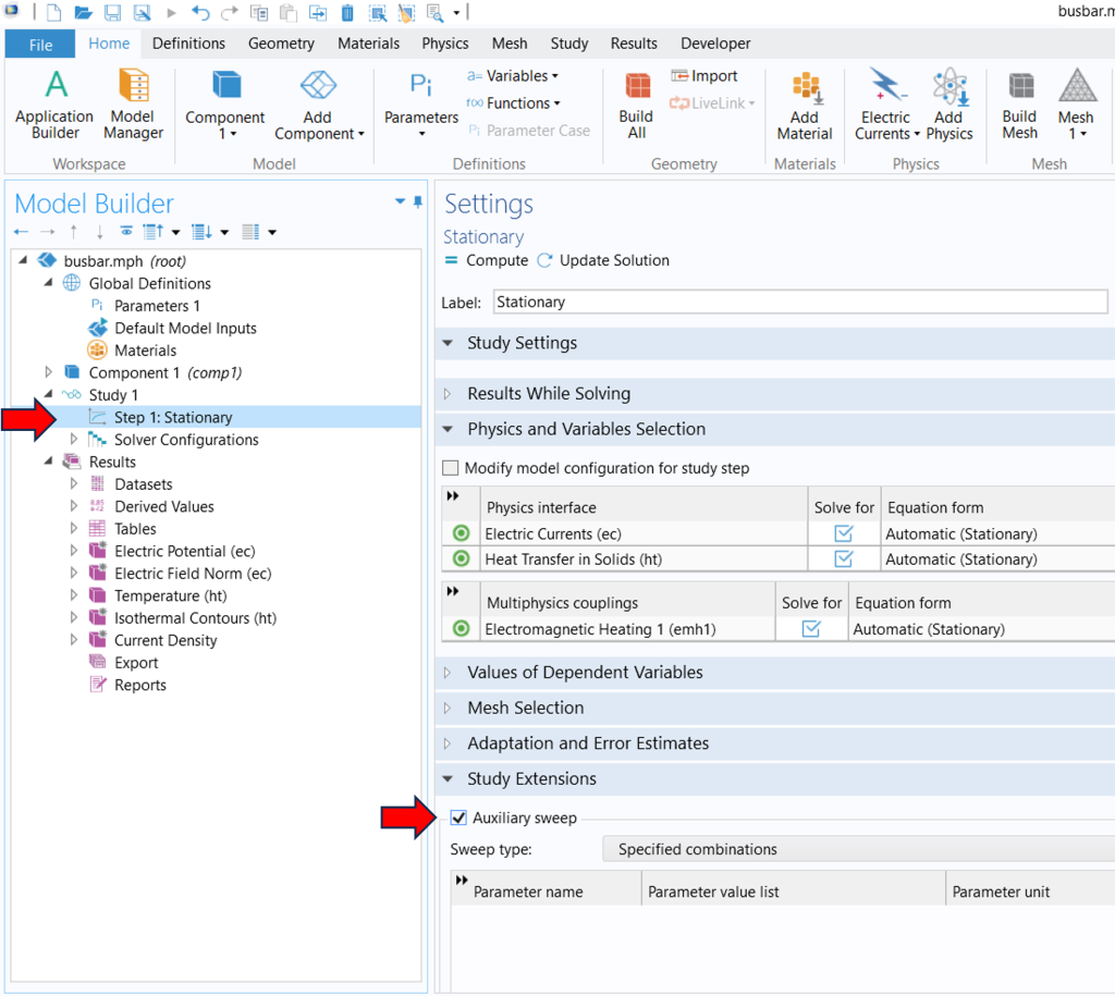 Barridos paramétrico y auxiliar en COMSOL Multiphysics